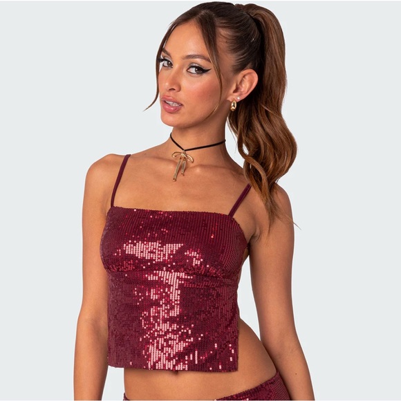 Edikted | Tops | Edikted Cosmo Open Back Sequin Top In Red | Poshmark